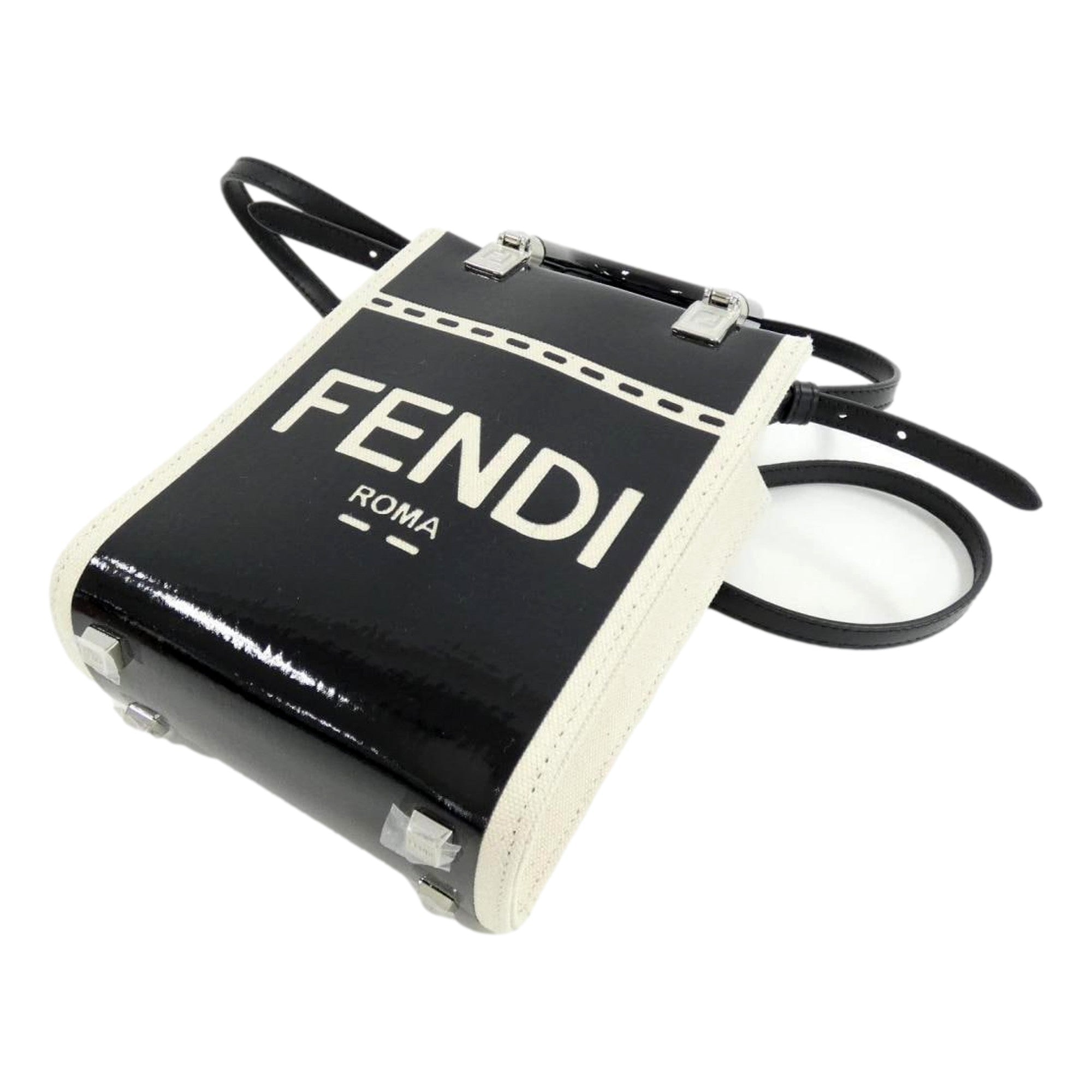 FENDI FF Mini Bag Shopper Tote Crossbody Bag Leather and Canvas Black ...